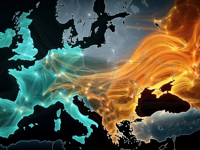Stylized European Continent Map with Interconnected Regions Highlighted ...