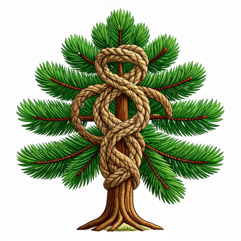 Stylized Evergreen Tree Wrapped in Decorative Knotted Brown Rope on ...
