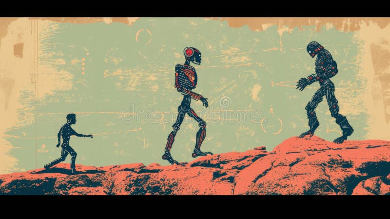 Stylized Evolution of Human To Robot on Rocky Terrain Stock Image ...