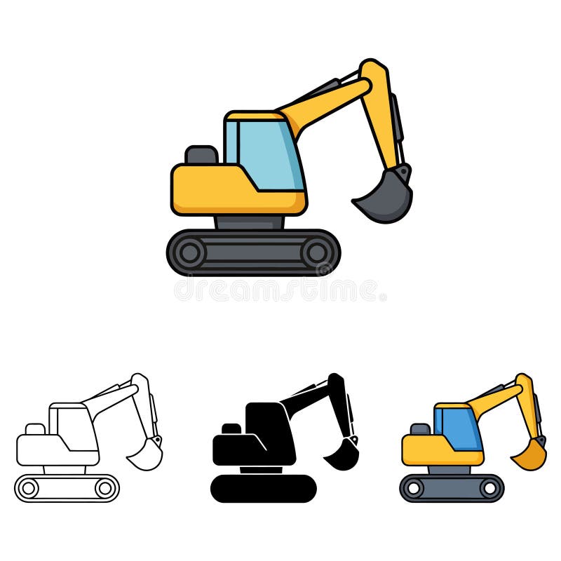 Stylized Excavator Icons in Flat Solid and Outline Design Stock Vector ...
