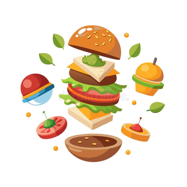 Exploded Cartoon Burger Illustration with Ingredients Floating Around a ...