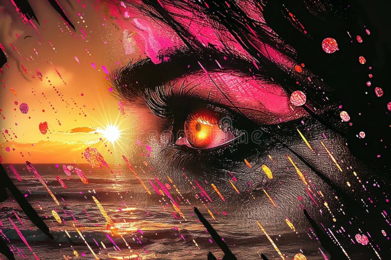 Stylized Eye with a Sunset Reflection and Vibrant Abstract Splashes ...