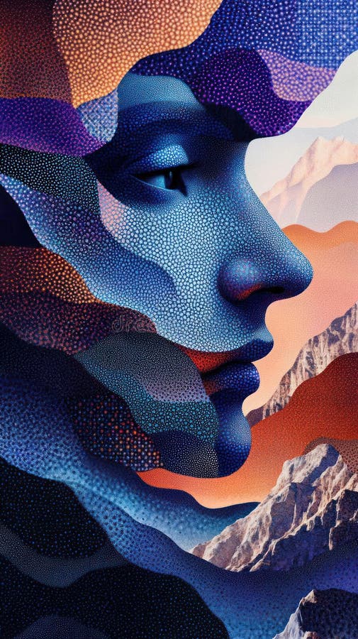 A Stylized Face Emerges from Abstract Landscapes, Blending Human ...