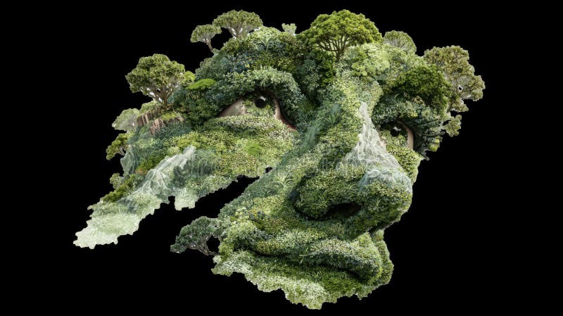 Stylized Face Emerging from Lush Green Landscape Elements on ...