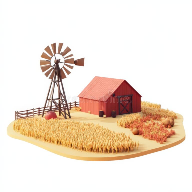 A Stylized Farm Scene Featuring a Barn, Windmill, and Fields of Wheat ...