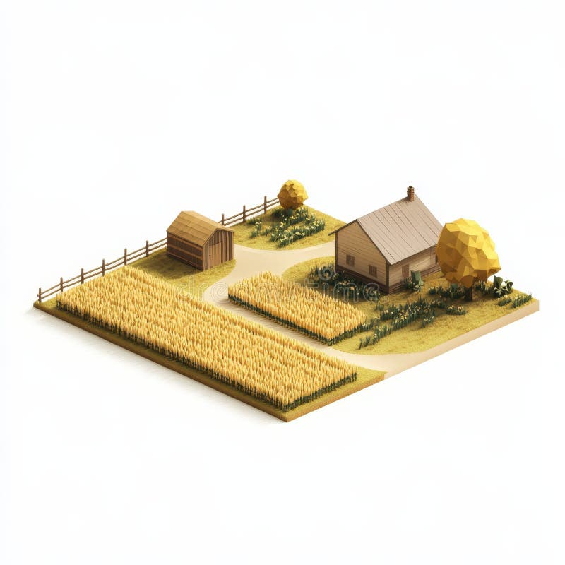 A Stylized Farm Scene Featuring a House, Barn, and Wheat Field Stock ...