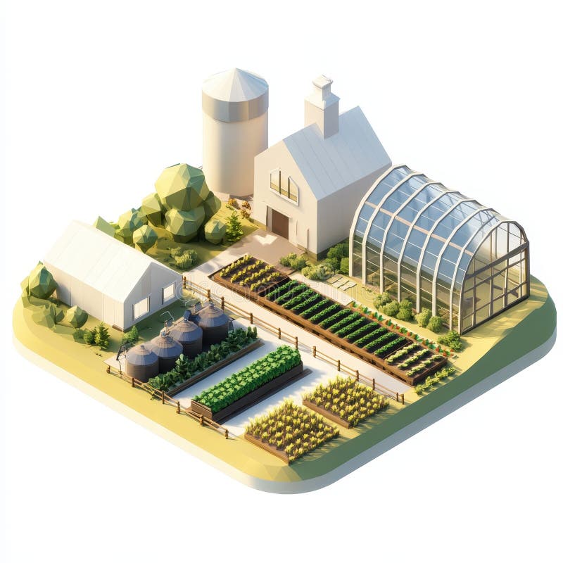 A Stylized Farm Scene Featuring a House, Greenhouse, and Cultivated ...