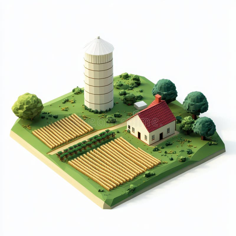 A Stylized Farm Scene Featuring a House, Silo, and Fields Stock ...