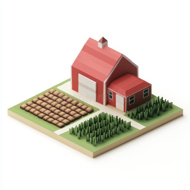 A Stylized Farm Scene Featuring a Red Barn, House, and Fields of Crops ...