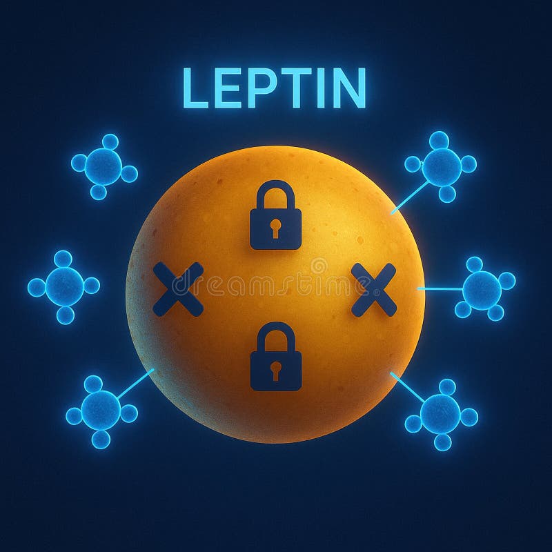A Stylized Fat Cell Labeled "LEPTIN" is Shown with Molecule Icons ...