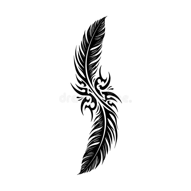 Stylized Feather with Tribal Pattern Tattoo Design in Black and White ...