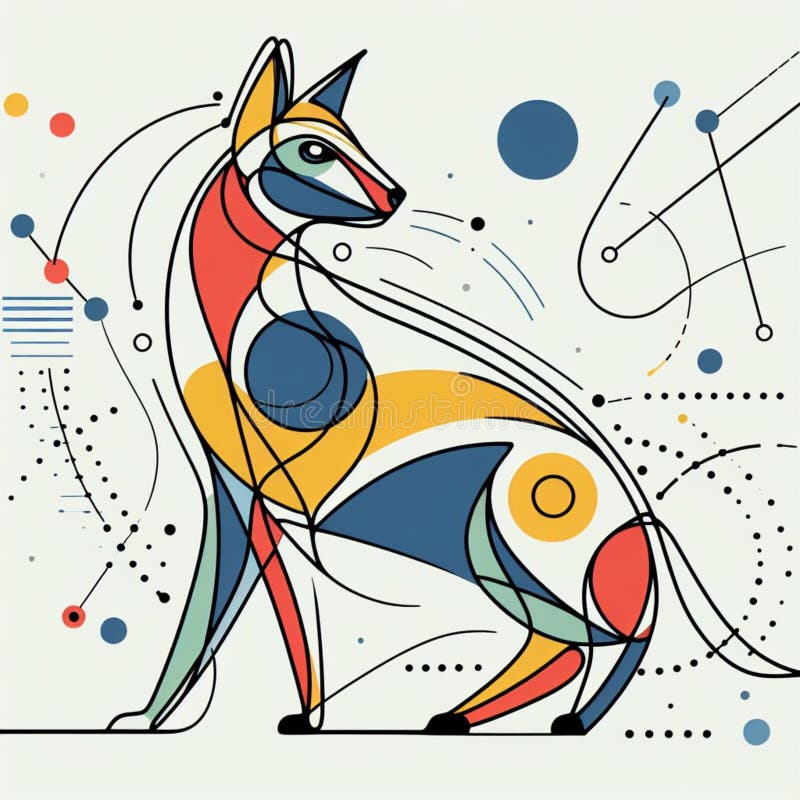 Stylized Feline Continuous Line Art, Basic Geometric Form, Exaggerated ...