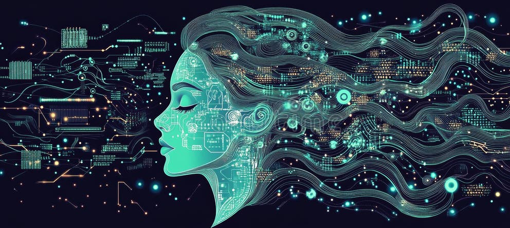 Stylized Female Profile with Intricate Motherboard and Binary Code ...