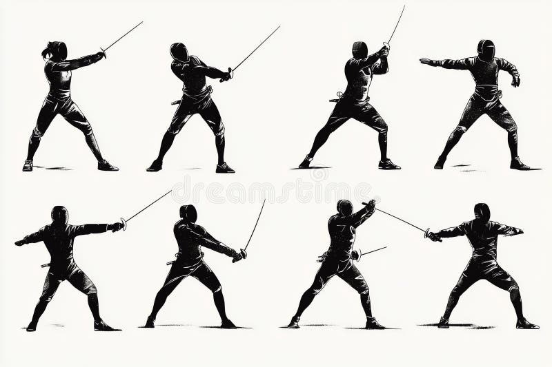 Stylized Fencers Demonstrating Dynamic Sword Techniques in a Creative ...