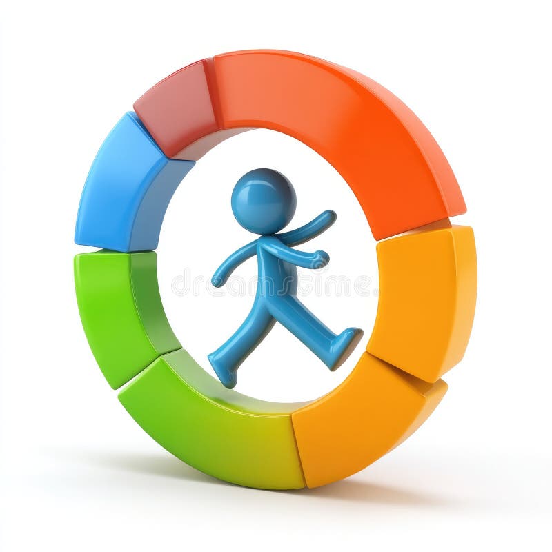 Blue 3D Figure Stepping through Colorful Circular Chart Segments Stock ...