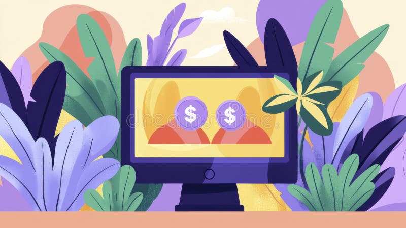 Stylized Figures and Dollar Signs on Computer Screen Amidst Lush ...