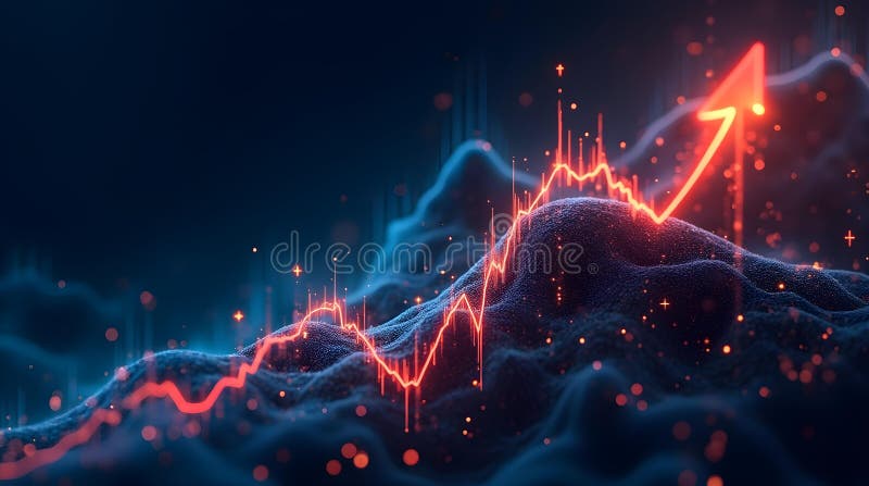 Stylized Financial Graph with Rising Red Line Chart on Dark Background ...