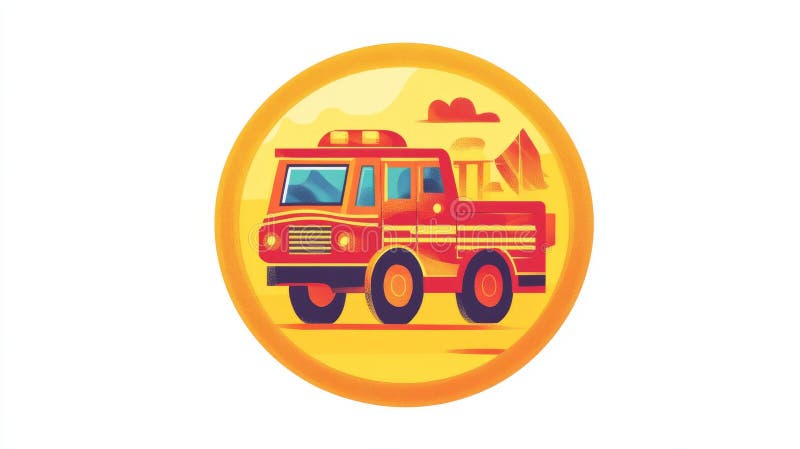 Stylized Firetruck Emblem Design with Mountain Backdrop in Circle Stock ...