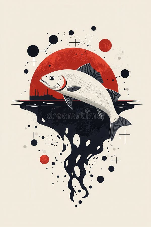 Stylized Fish Illustration with a Rising Sun and Abstract Water ...