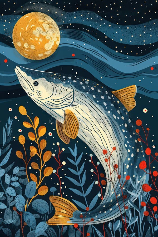 Northern Pike Leaps Towards the Full Moon in a Whimsical Night Scene ...