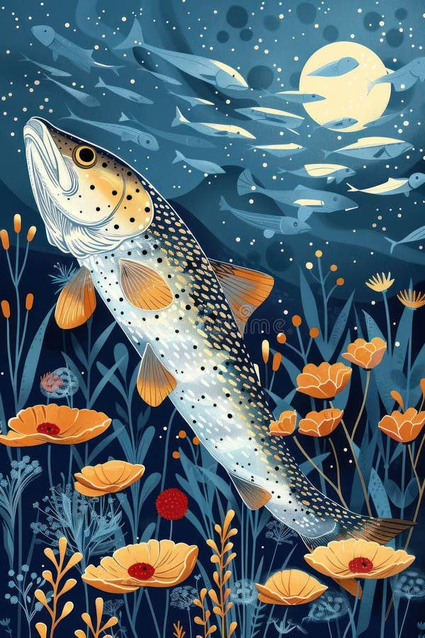 Leaping Trout Amidst Moonlit Flowers: Underwater Artistic Illustration ...