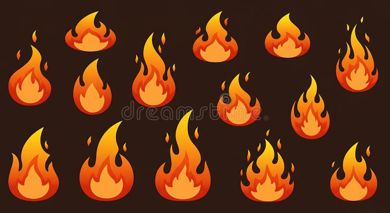 Stylized Flame Set Fire Icons on Dark Background Stock Illustration ...