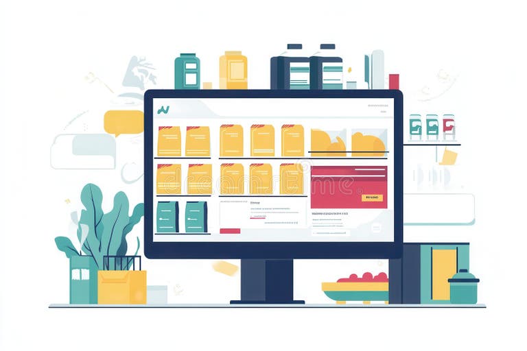 Stylized Flat Design Online Grocery Order Summary on a Digital Screen in a Modern Kitchen ...