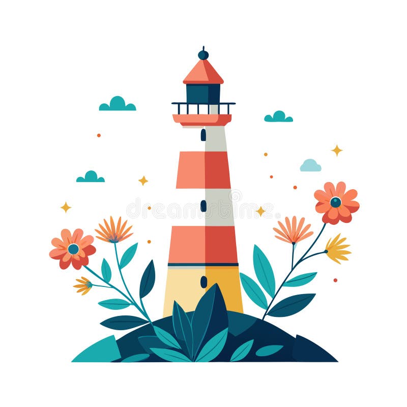 Coastal Lighthouse Illustration with Floral Elements and Nautical Theme ...