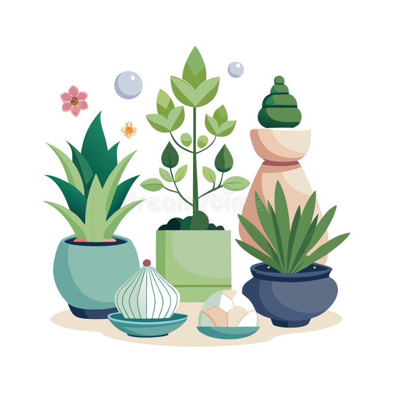 Stylized Potted Plants and Decorative Objects Arranged on a White ...