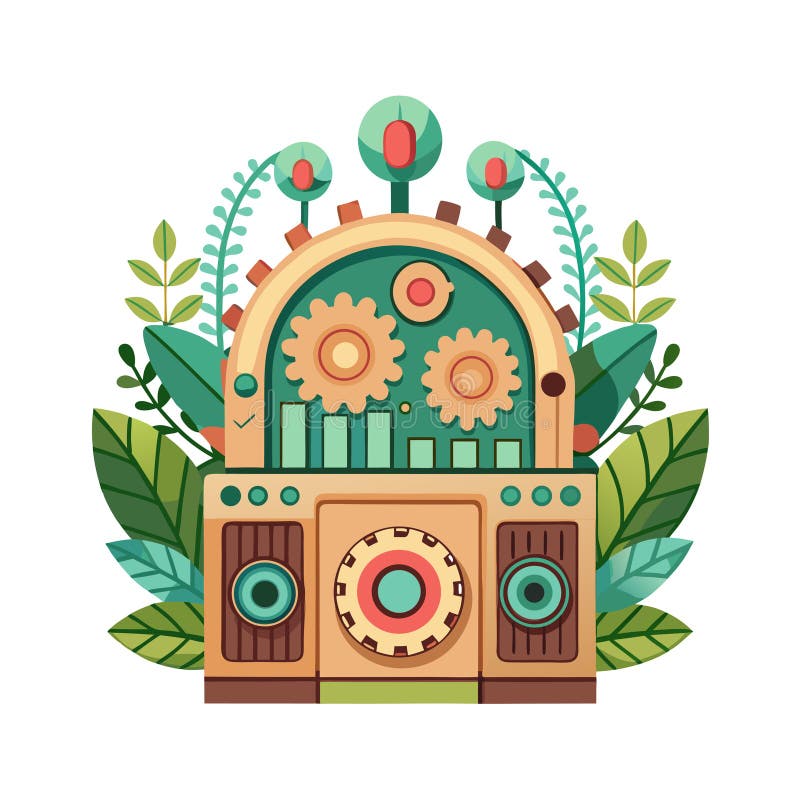Abstract Machine with Gears Surrounded by Plants in a Flat Vector Style ...