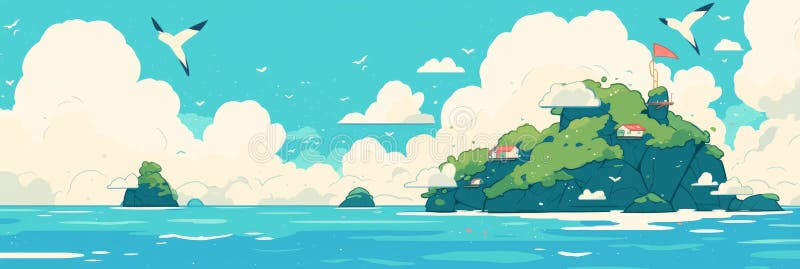 Stylized Floating Islands in a Serene Blue Ocean with Fluffy Clouds ...