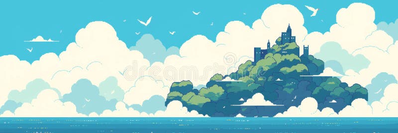 Stylized Floating Islands in a Vibrant Blue Ocean with Soft, Fluffy ...