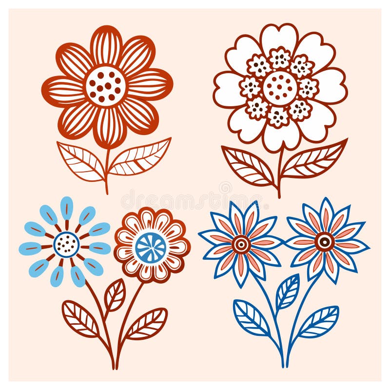 Stylized Flower Illustrations in Red and Blue Stock Vector ...