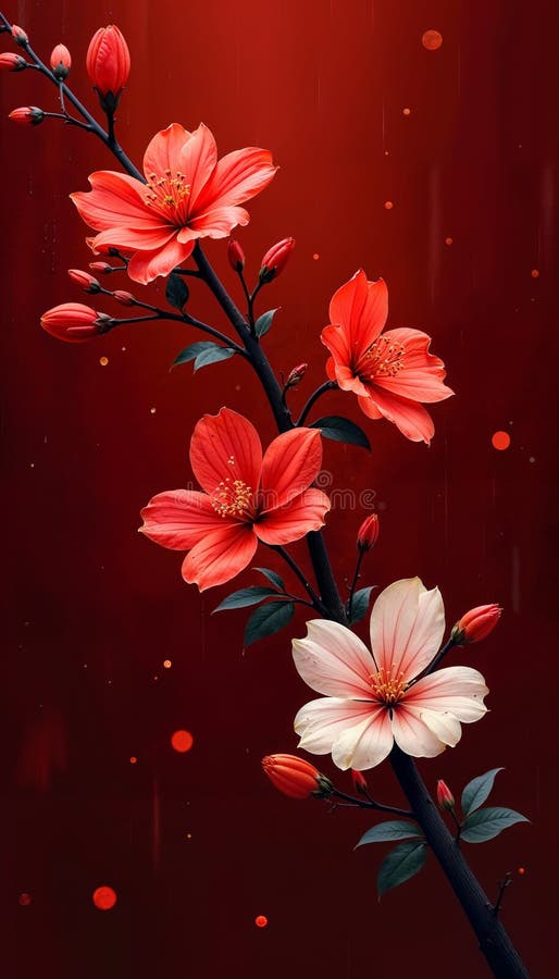 Stylized Flowering Branch on Deep Red Background Stock Illustration ...