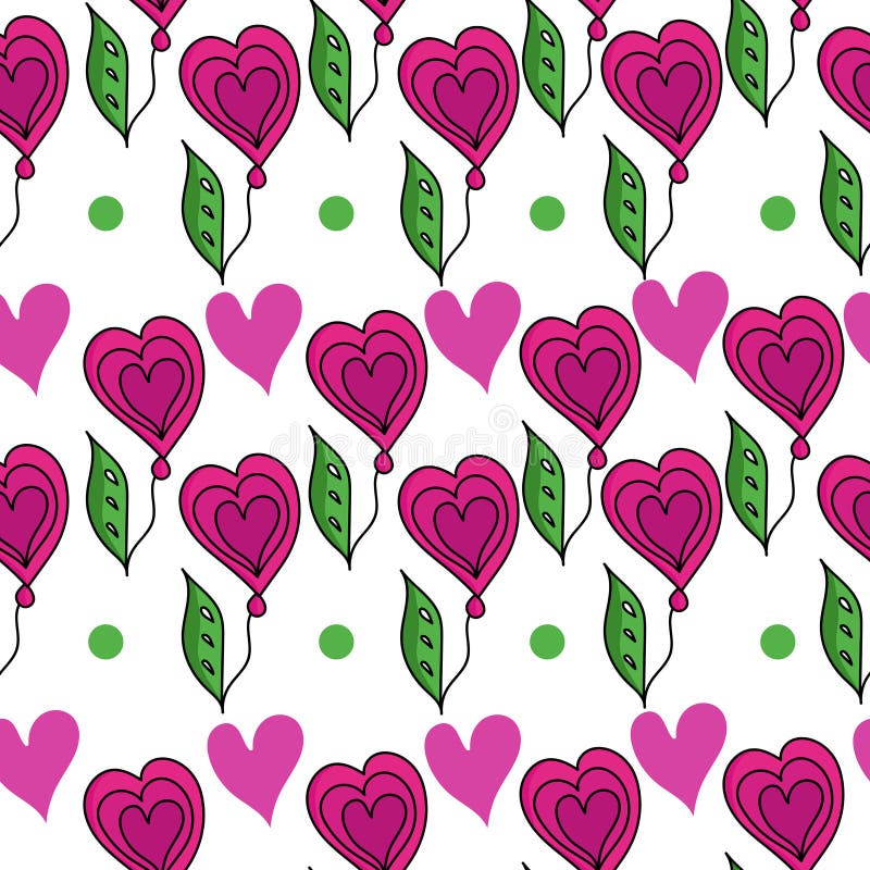 Stylized Flowers with Hearts in Horizontal Rows Seamless Pattern ...