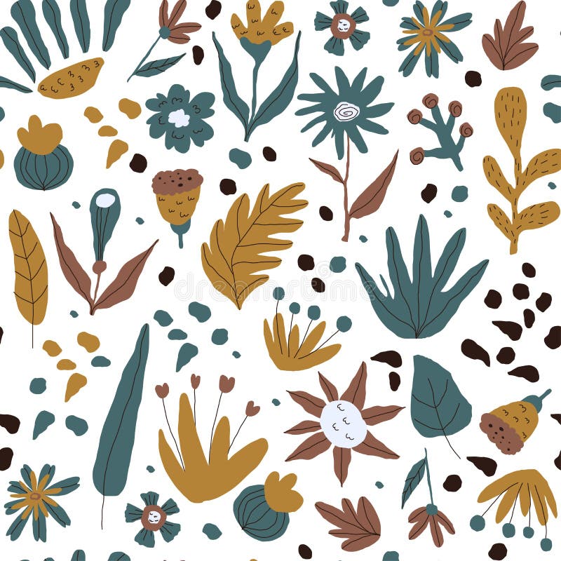 Stylized Flowers and Leaves Foliage and Flora Shapes in Vector Seamless ...