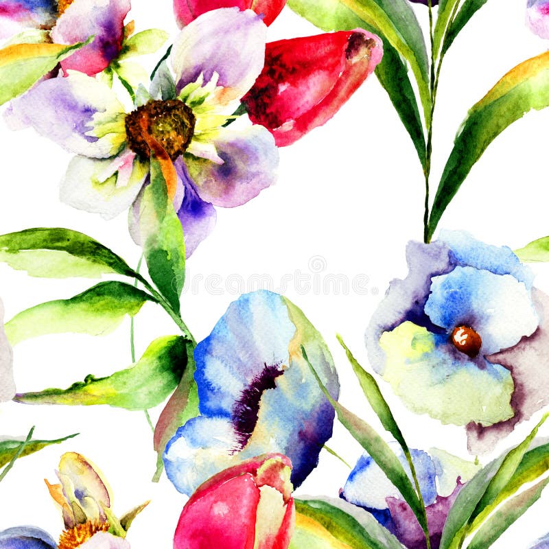 Stylized Flowers Watercolor Illustration Stock Illustration ...
