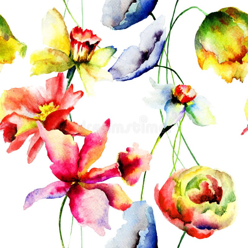 Stylized Flowers Watercolor Illustration Stock Illustration ...
