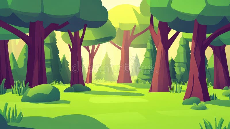 Stylized Forest Landscape Green Trees and Sunlit Clearing Cartoon ...