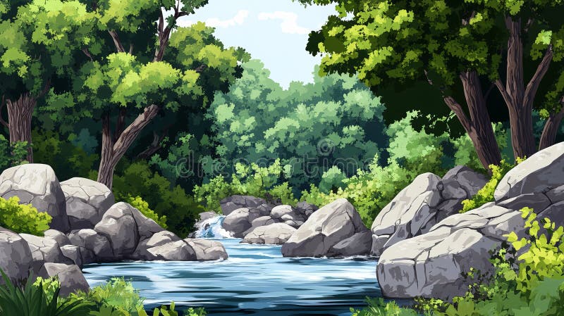 Stylized Forest Landscape with Running River and Natural Rock Formation ...