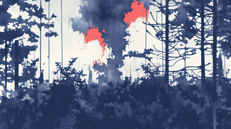 A Stylized Forest Scene with Dark Trees and Abstract Red Clouds Stock ...