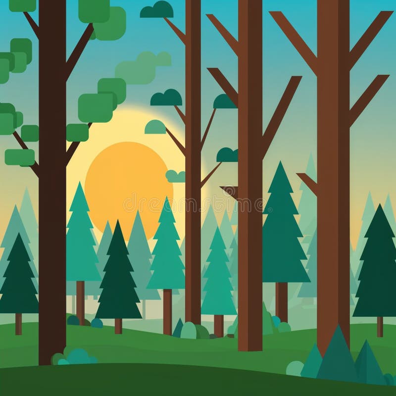 Stylized Forest Scene with Glowing Sunset Stock Illustration ...