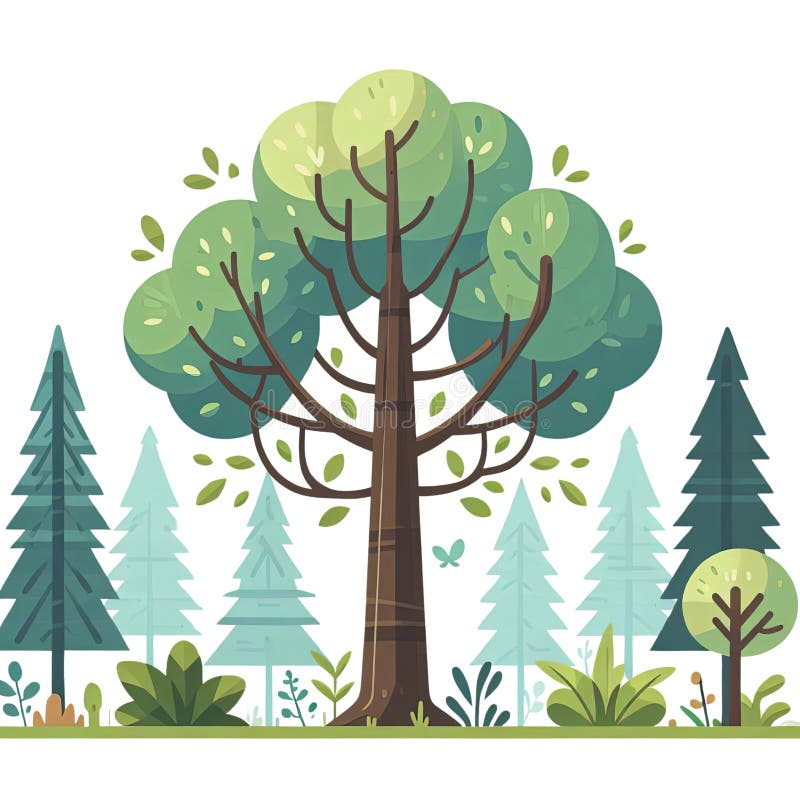Stylized Forest Scene with Trees, Shrubs, and Leaves in Green Tones on ...