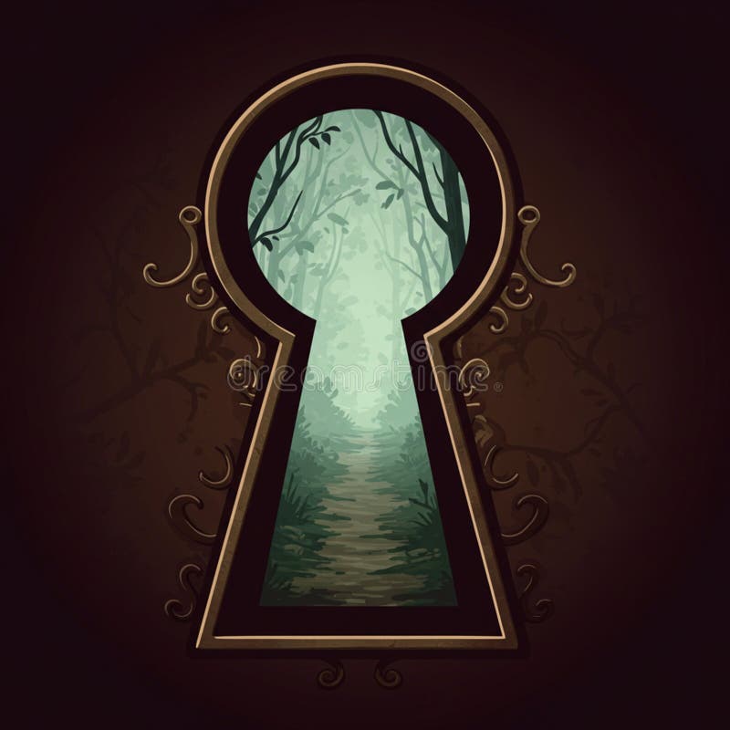 A Stylized Forest Scene Viewed through a Large, Ornate Keyhole Shape ...
