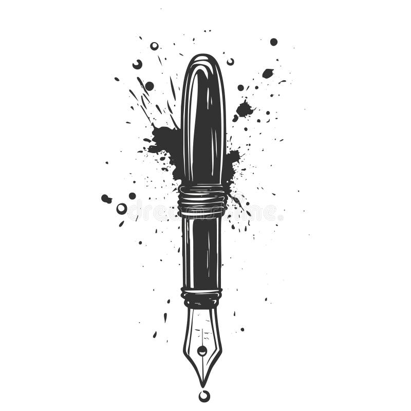 Stylized Fountain Pen with Ink Splatter on White Background ...