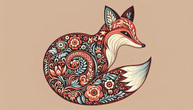 Stylized Fox Artwork Featuring Elaborate Floral and Leaf Pattern Stock ...