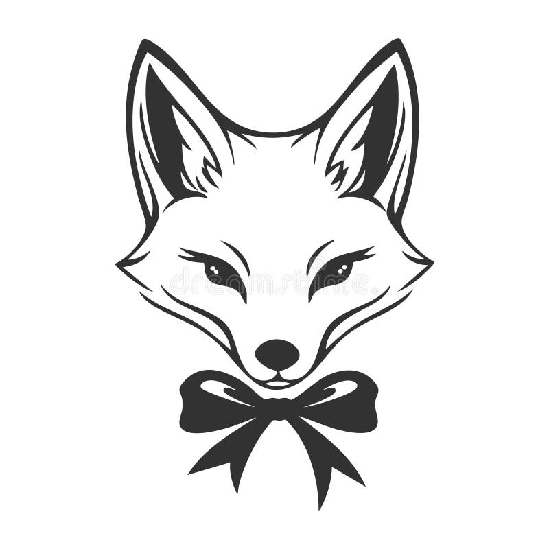 Stylized Fox Head with a Bow in Black and White Illustration. Stock ...