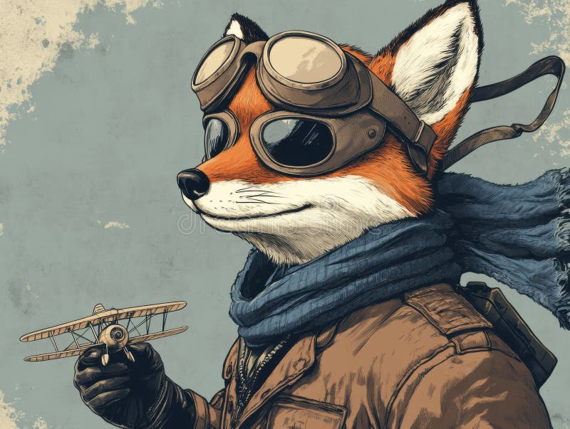 Stylized Fox Pilot with Goggles and Toy Airplane in Vintage Aviator ...