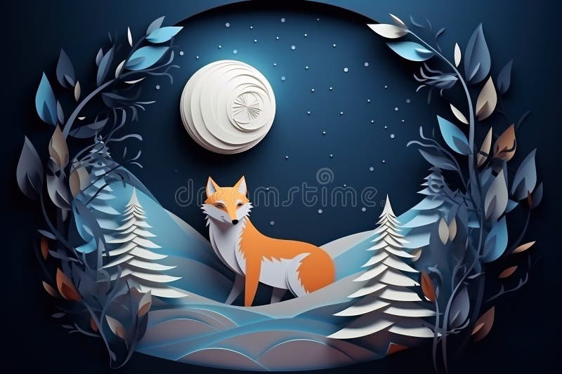 Stylized Fox in a Winter Night Paper Art Scene. Generative AI Stock ...