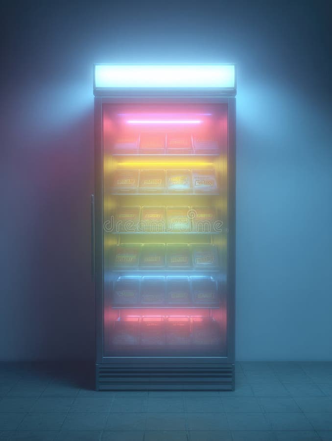 Stylized Freezer Door with Fog and Neon Lighting, Creating a Vibrant ...